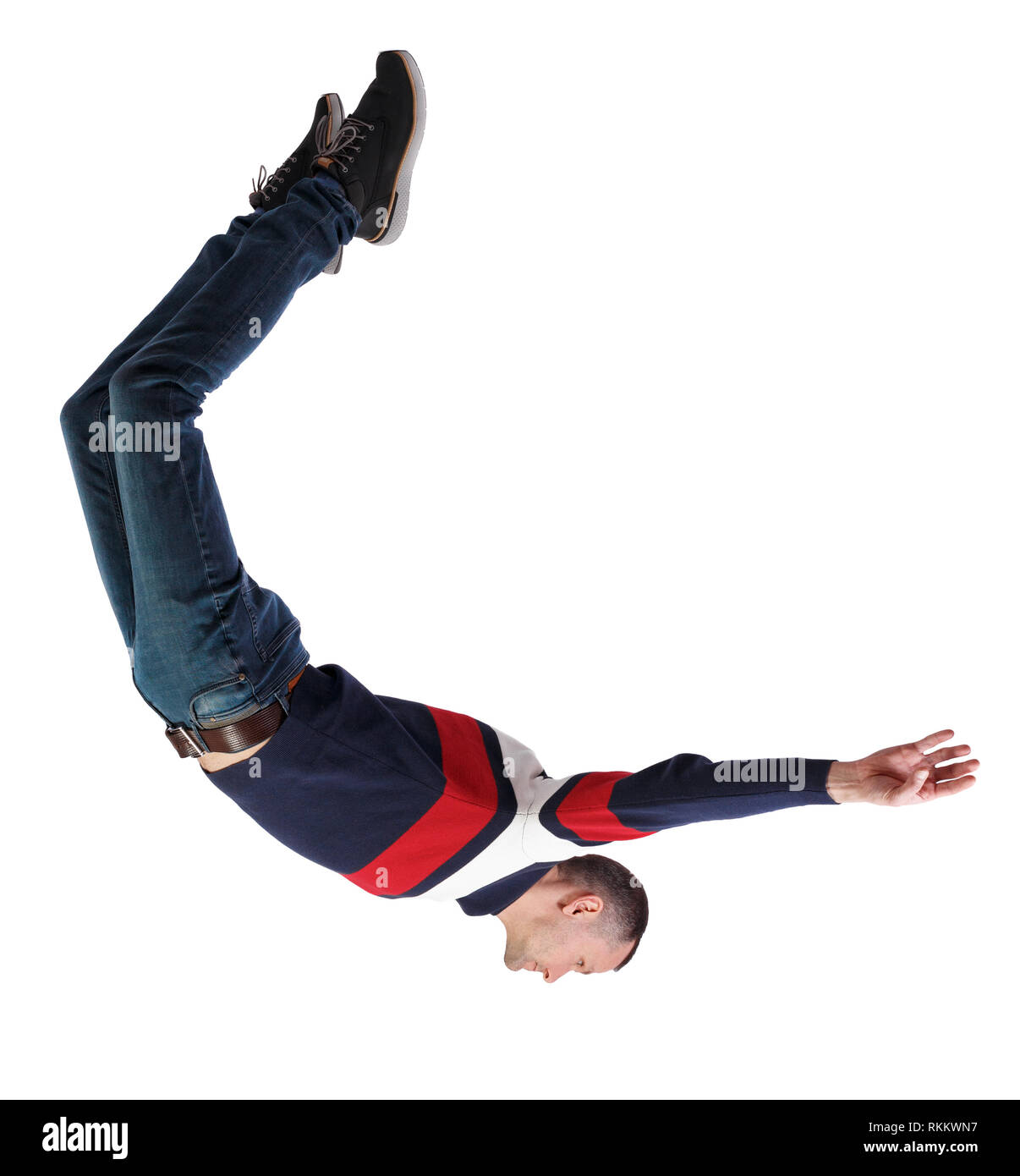 Side view of man in zero gravity or a fall. guy is flying, falling or ...