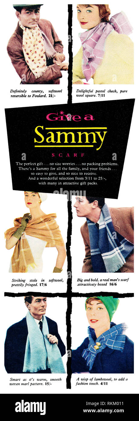 1958 British advertisement for Sammy scarves for men and women Stock ...