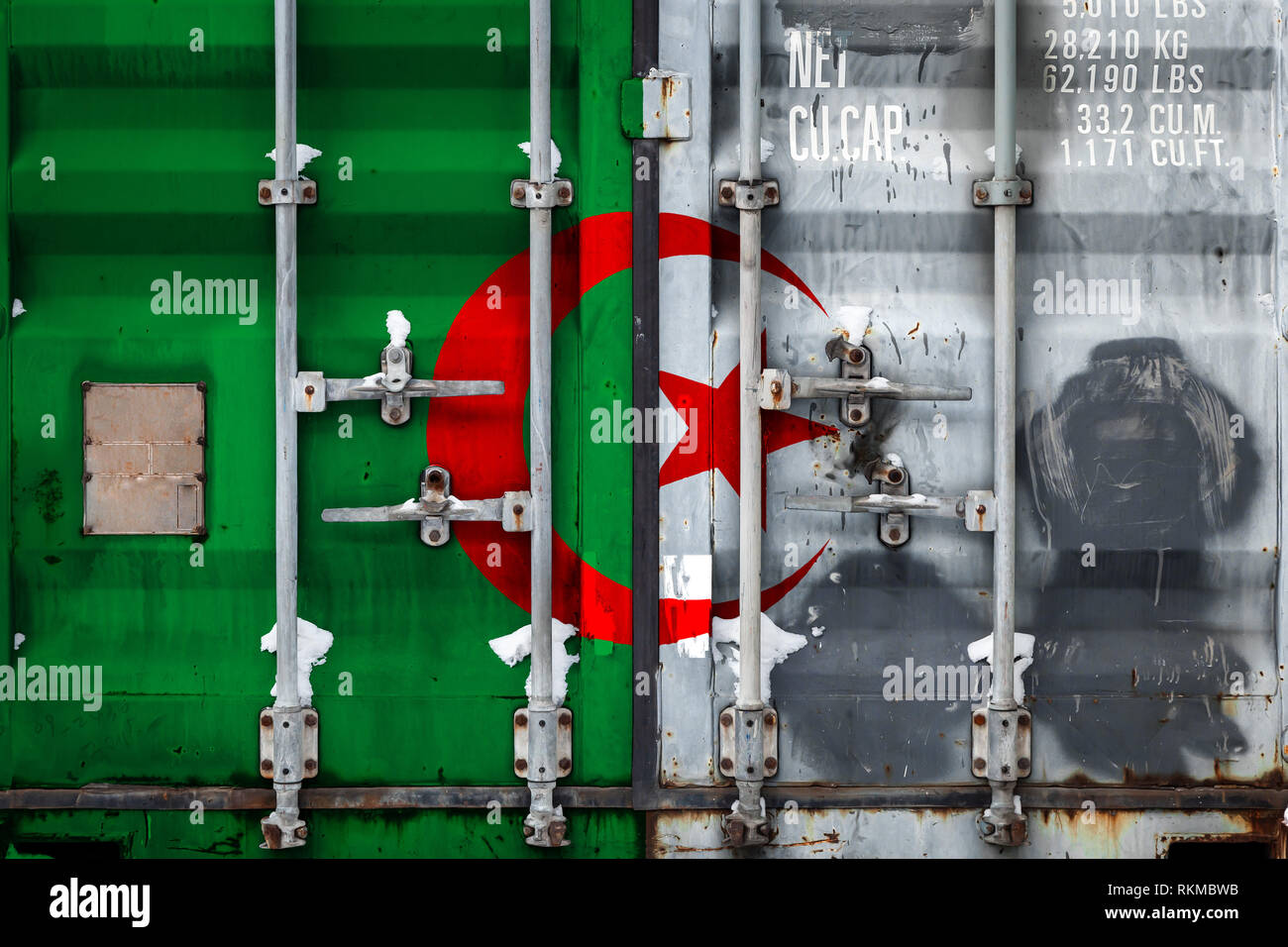 Close-up of the container with the national flag of Algeria. The ...