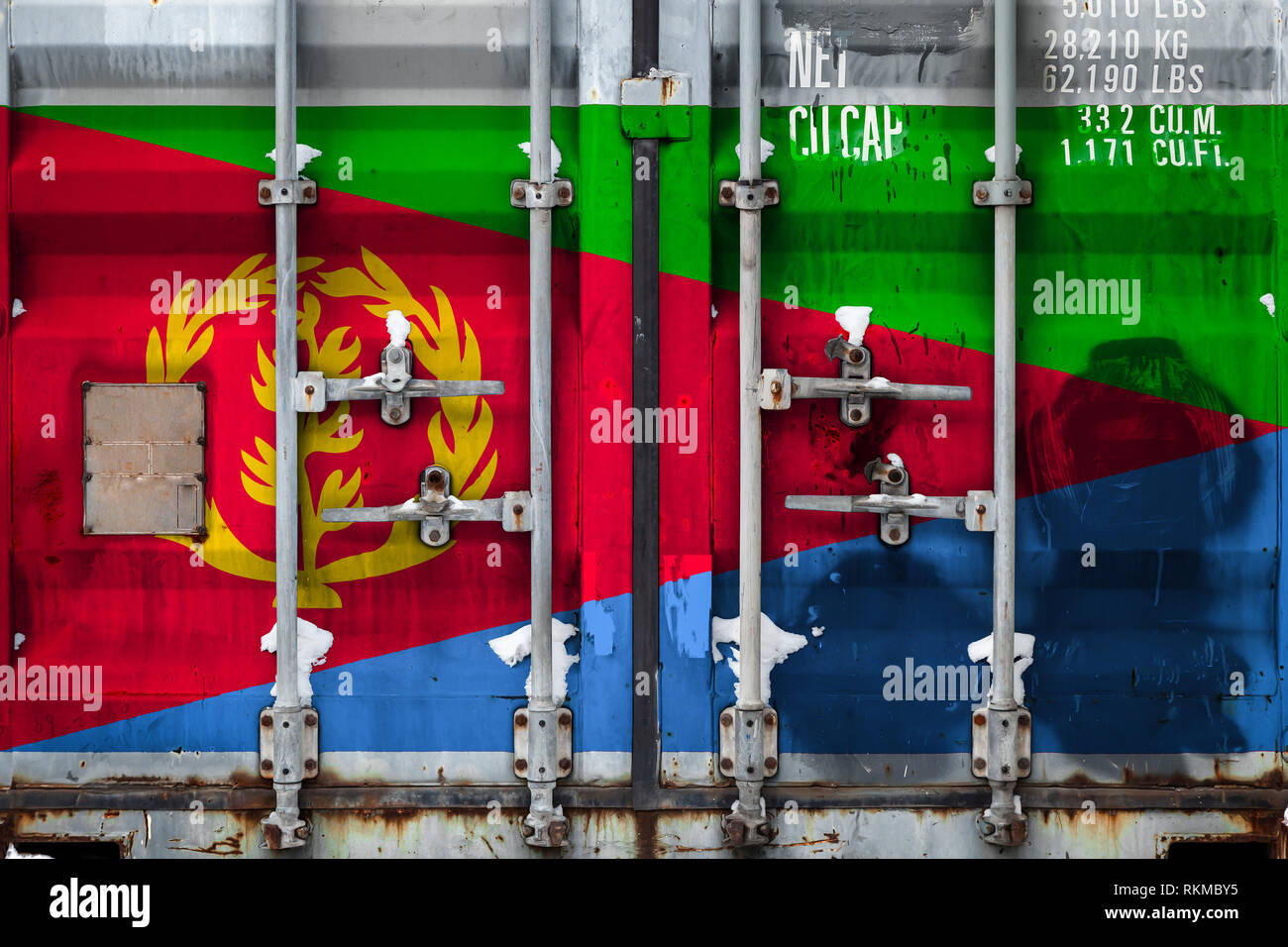 Close-up of the container with the national flag of Eritrea. The ...
