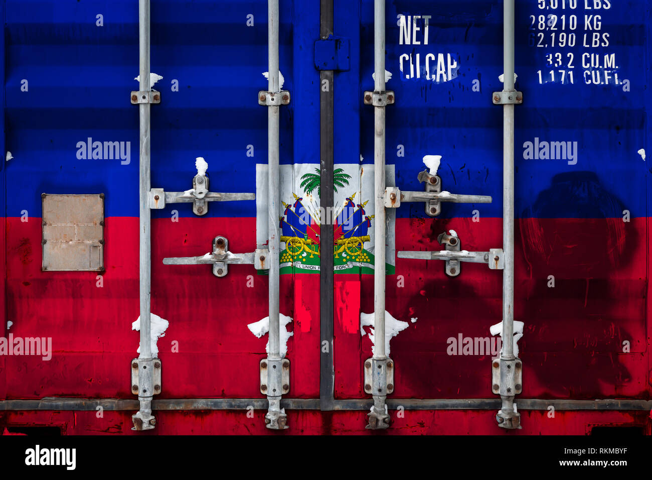 Close-up of the container with the national flag of Haiti. The concept ...