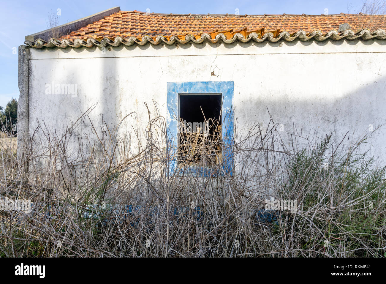 an old wooden frame window in an old white washed building covered by ...