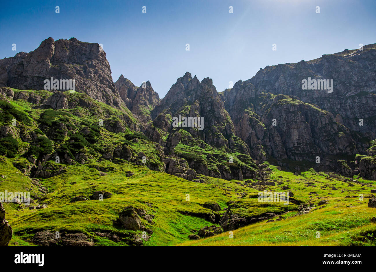 Green mountains in Romania with rocky valleys Stock Photo - Alamy