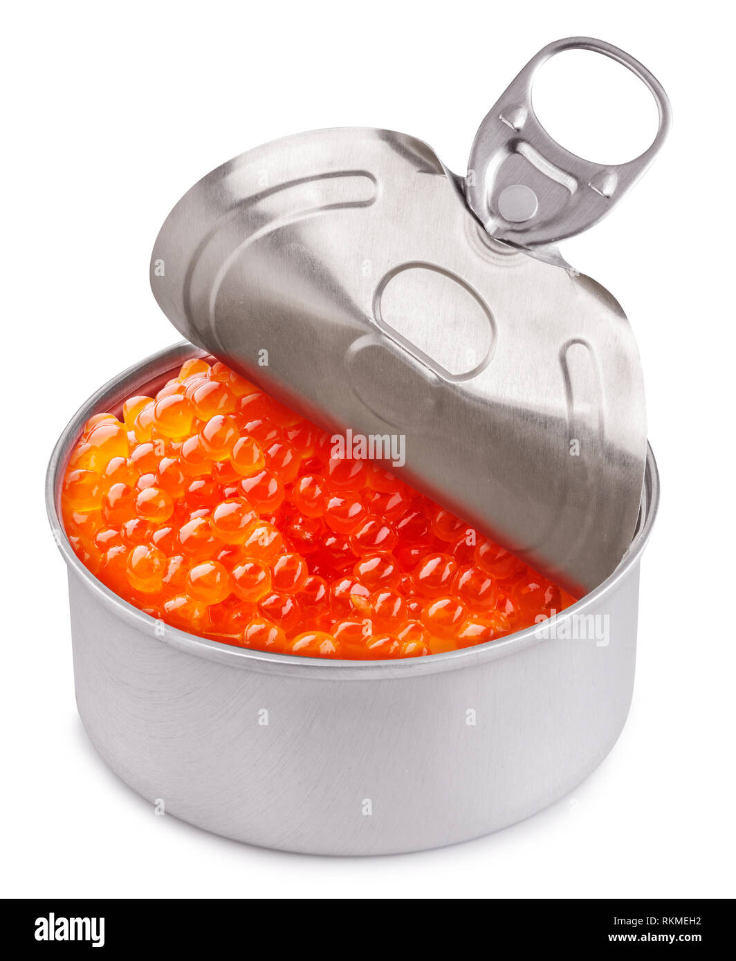 Open tin can full of red caviar on white background. File contains ...