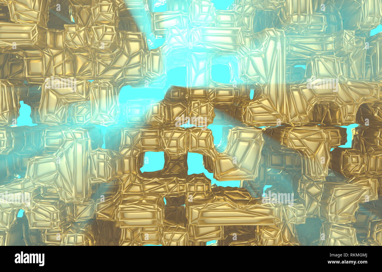 3d render, golden modern wired cube wall texture, random clusters ...