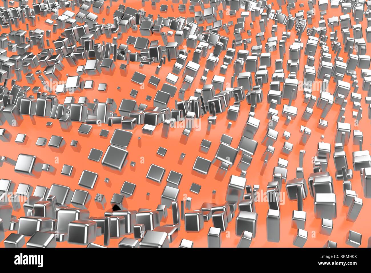 Silver or white gold platinum blocks cubes over light pink orange wave ...