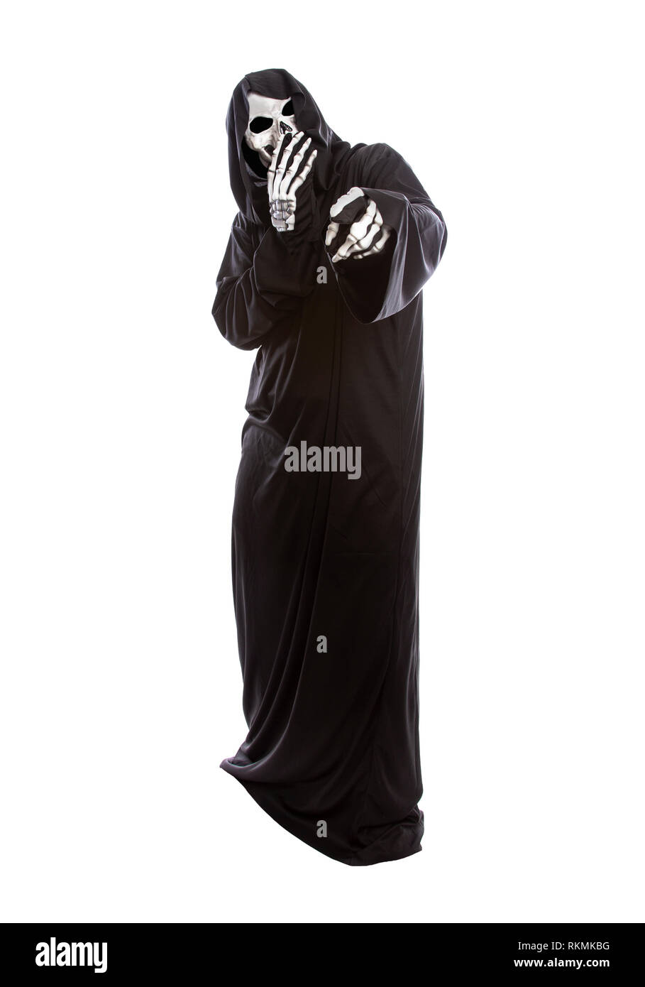 Halloween costume of a skeleton grim reaper wearing a black robe on a ...