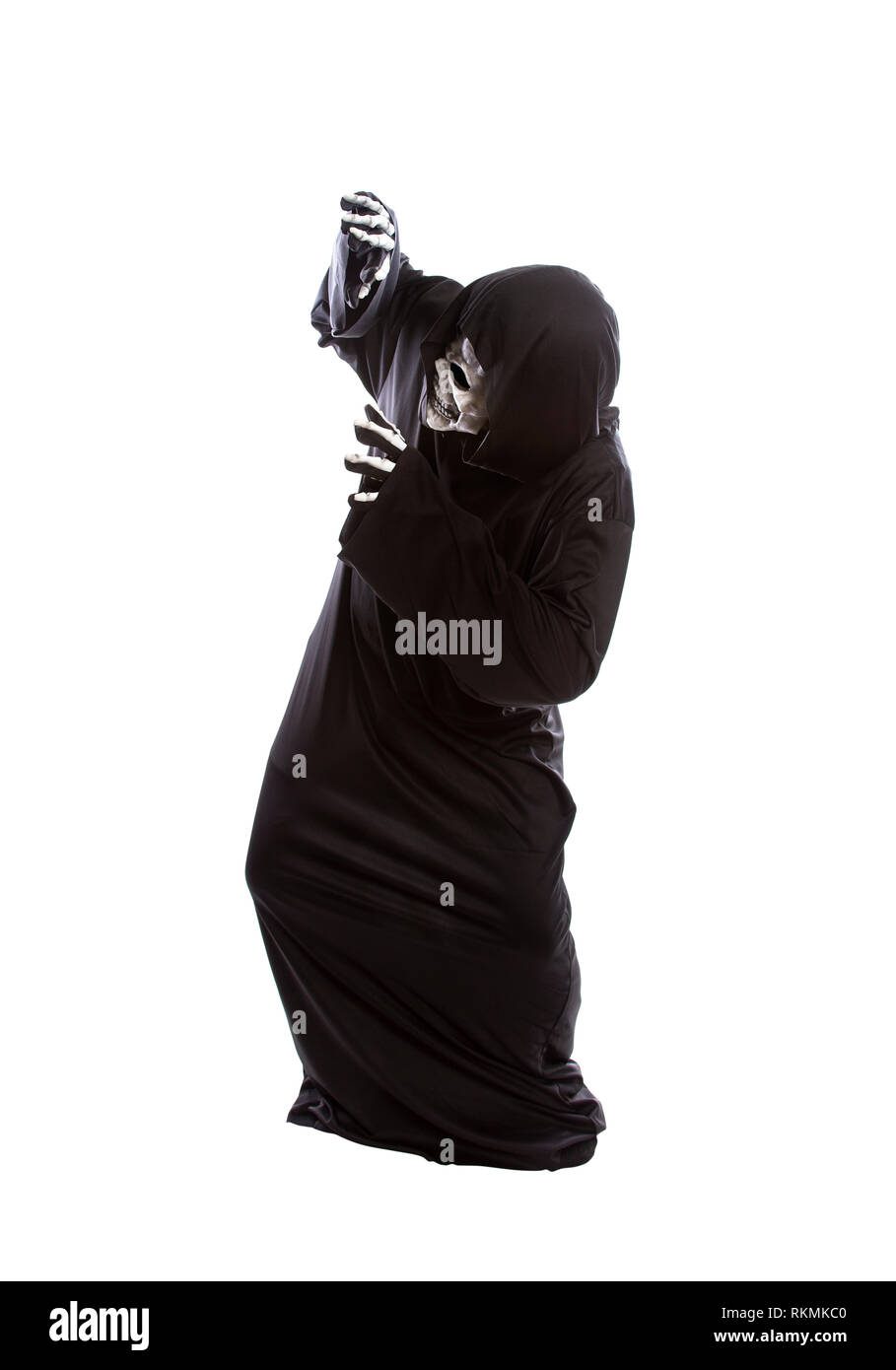 Halloween costume of a skeleton grim reaper wearing a black robe on a ...