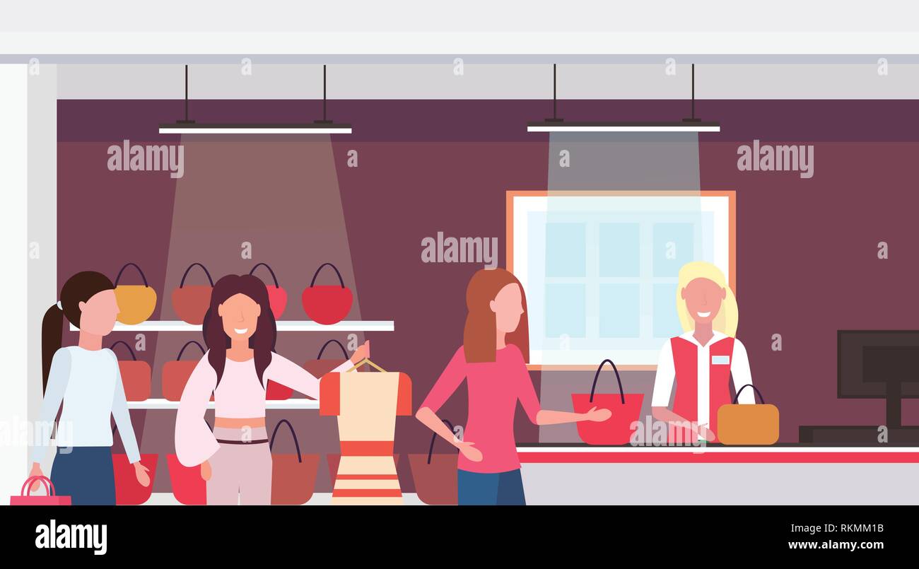 women customers standing line queue to cash desk counter big fashion ...
