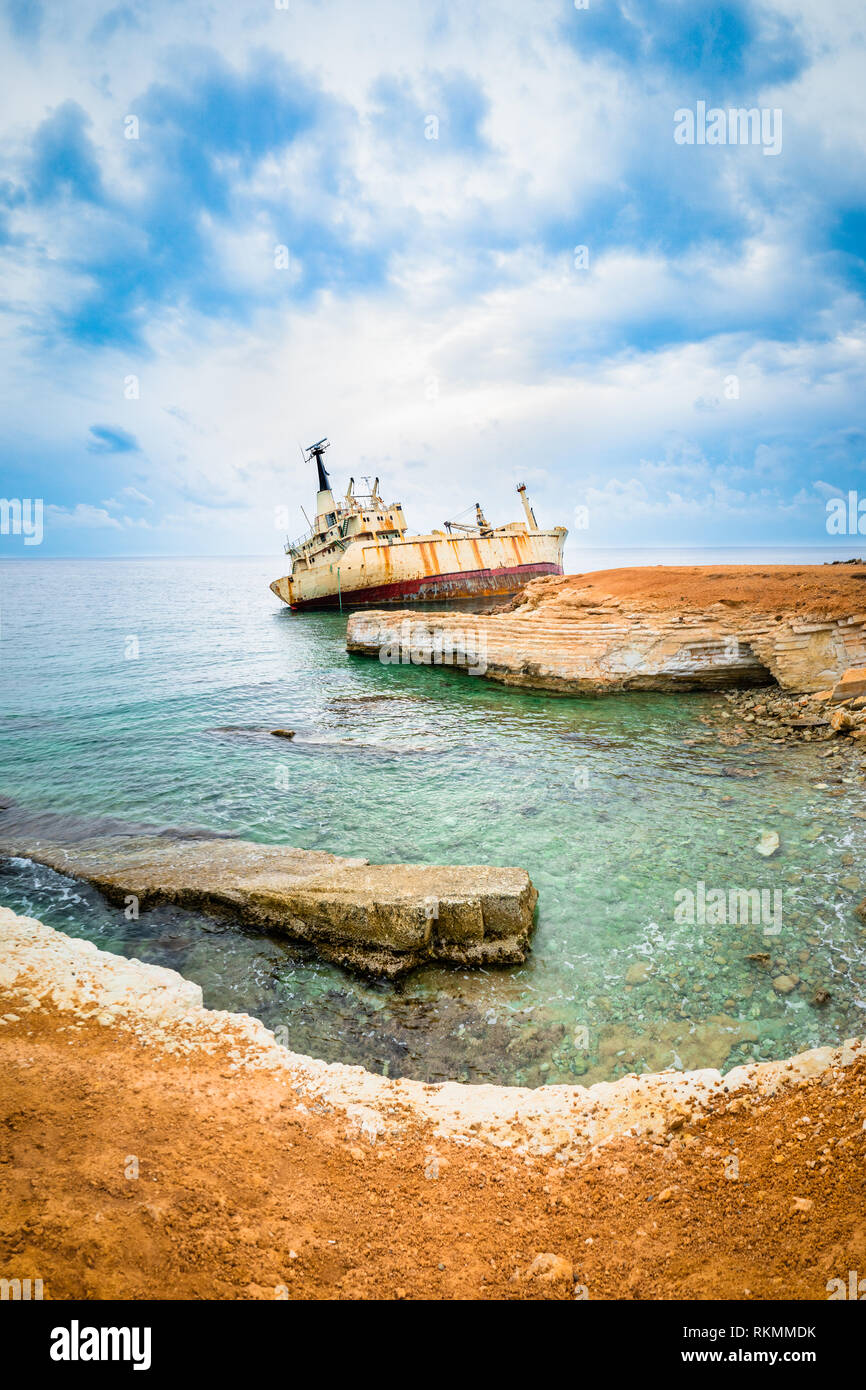 Panorama of cargo vessel "Edro III" shipwreck near rocky coast in ...