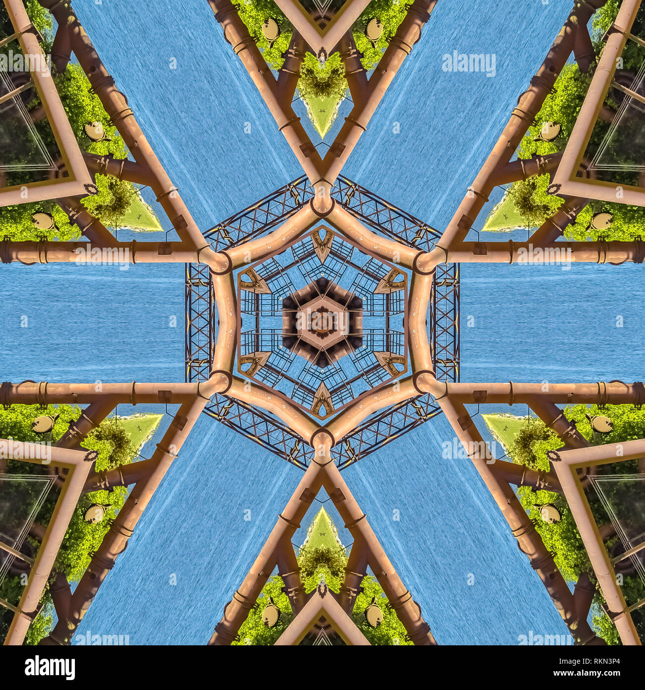 Abstract pattern of metal pipes and water. Geometric kaleidoscope ...