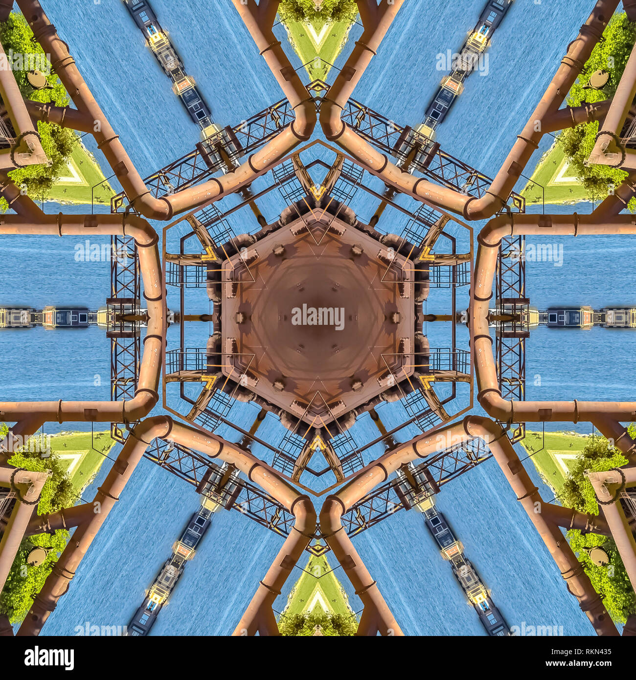 Abstract shapes of metal pipes and water. Geometric kaleidoscope ...