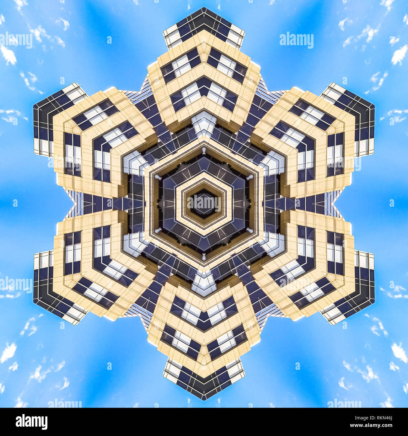 An angular star made from apartment complex. Geometric kaleidoscope ...