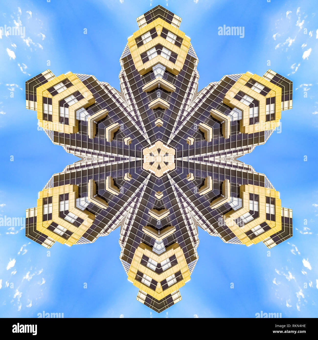 Angular star shape made from building in sky. Geometric kaleidoscope ...