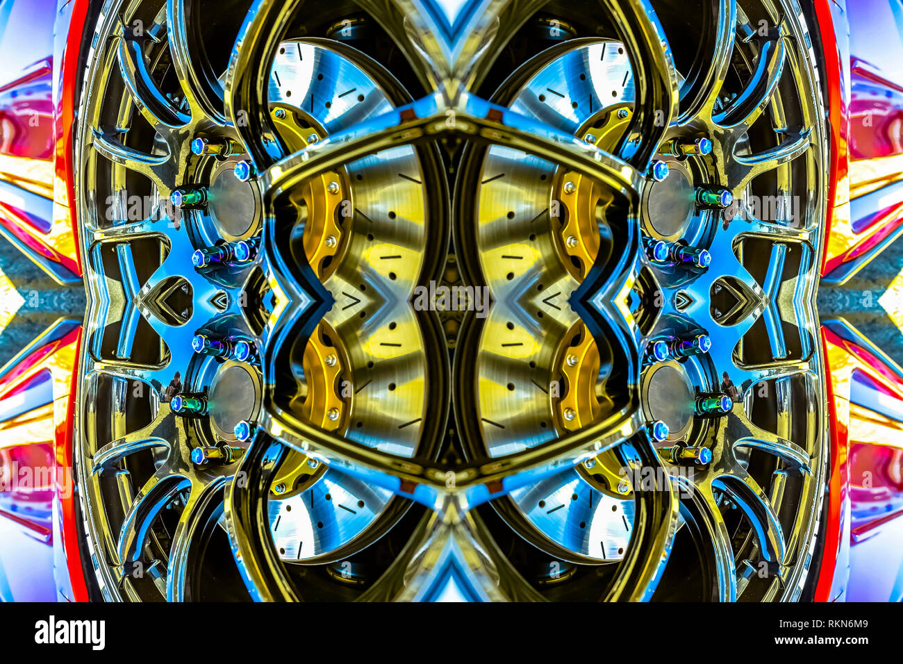 Golden rims of sports car of a red car. Geometric kaleidoscope pattern ...