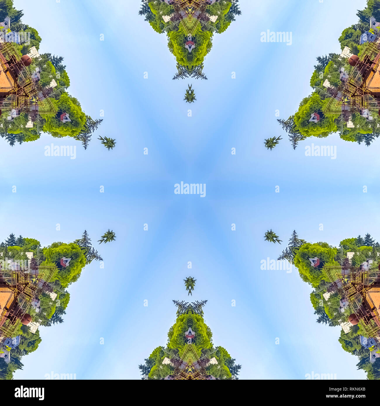 Grid with six sides of homes and foliage. Geometric kaleidoscope ...