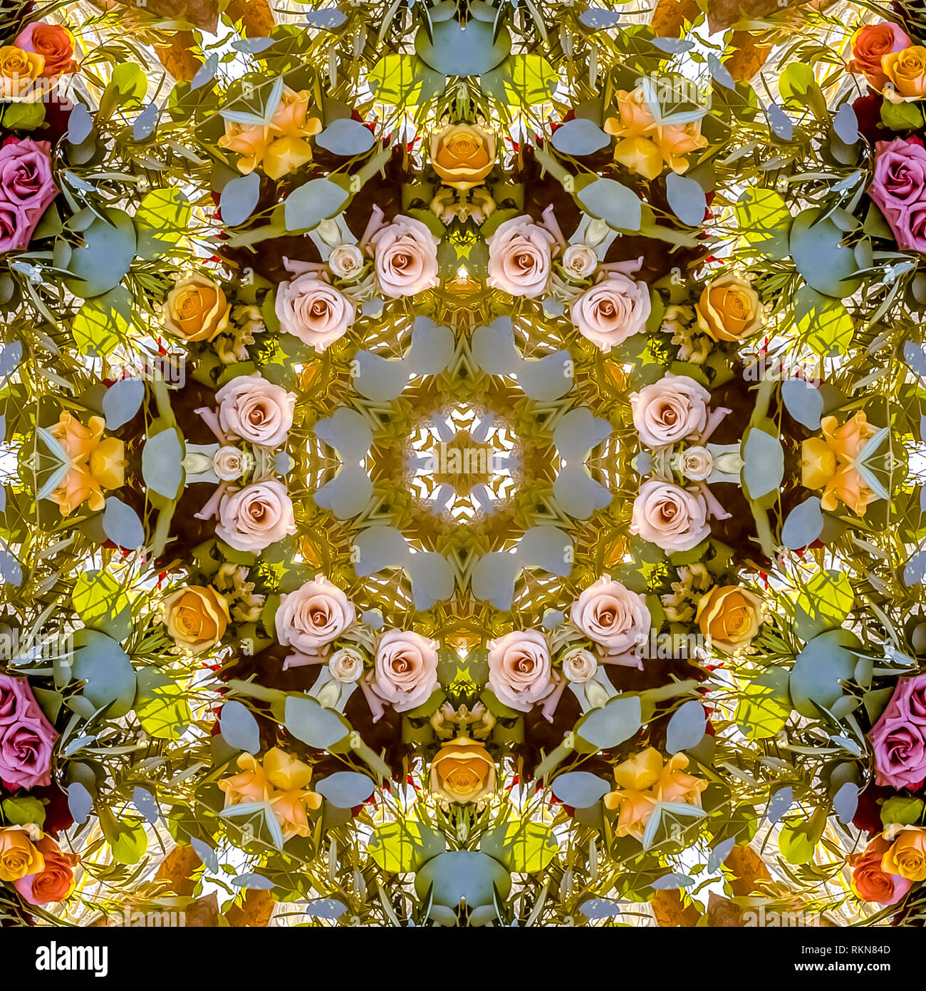 Radial reflections of flowers into a busy design. Geometric ...