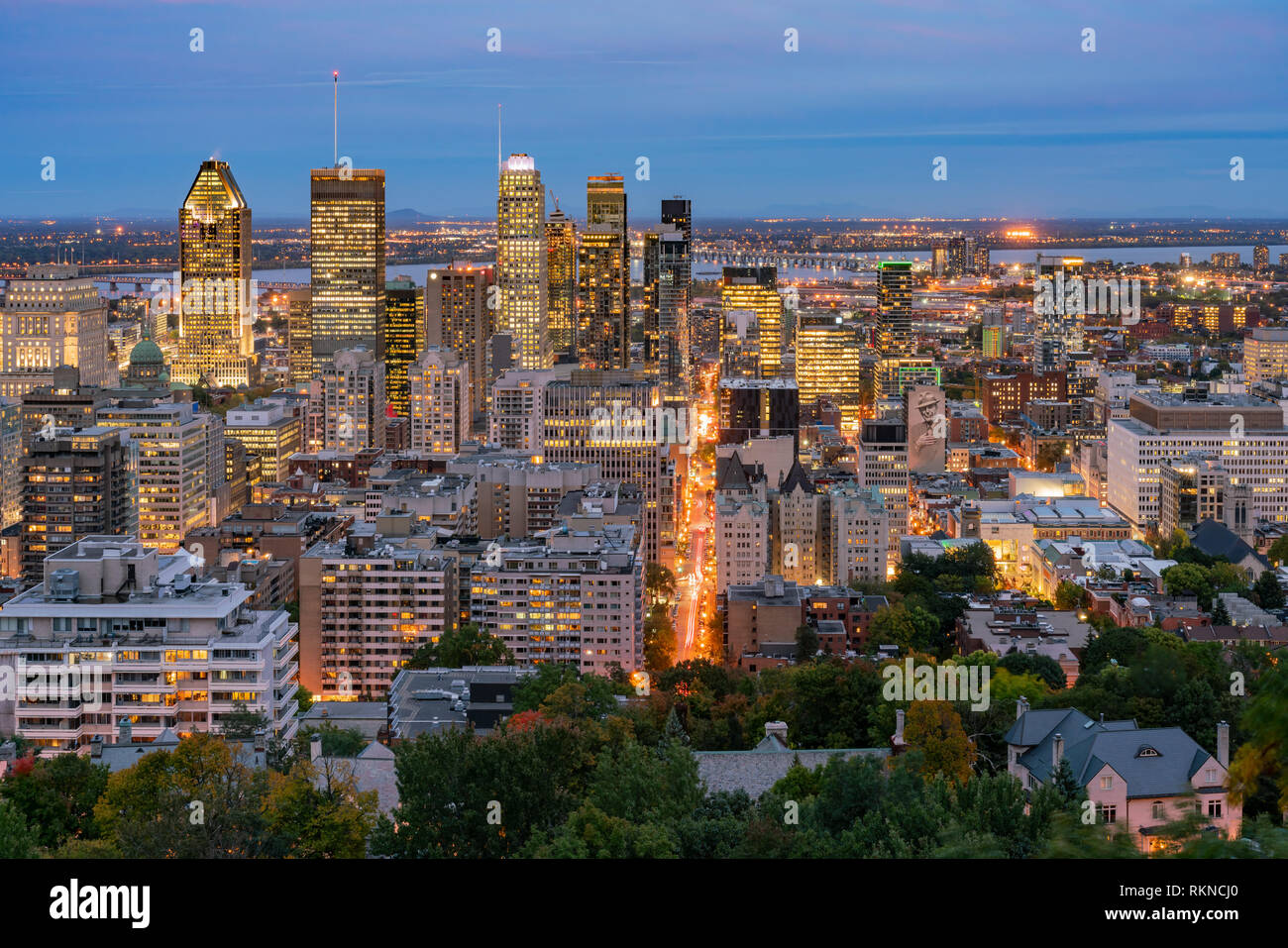 Aerial night view of Montreal downtown cityscape from Royal Mountain at ...