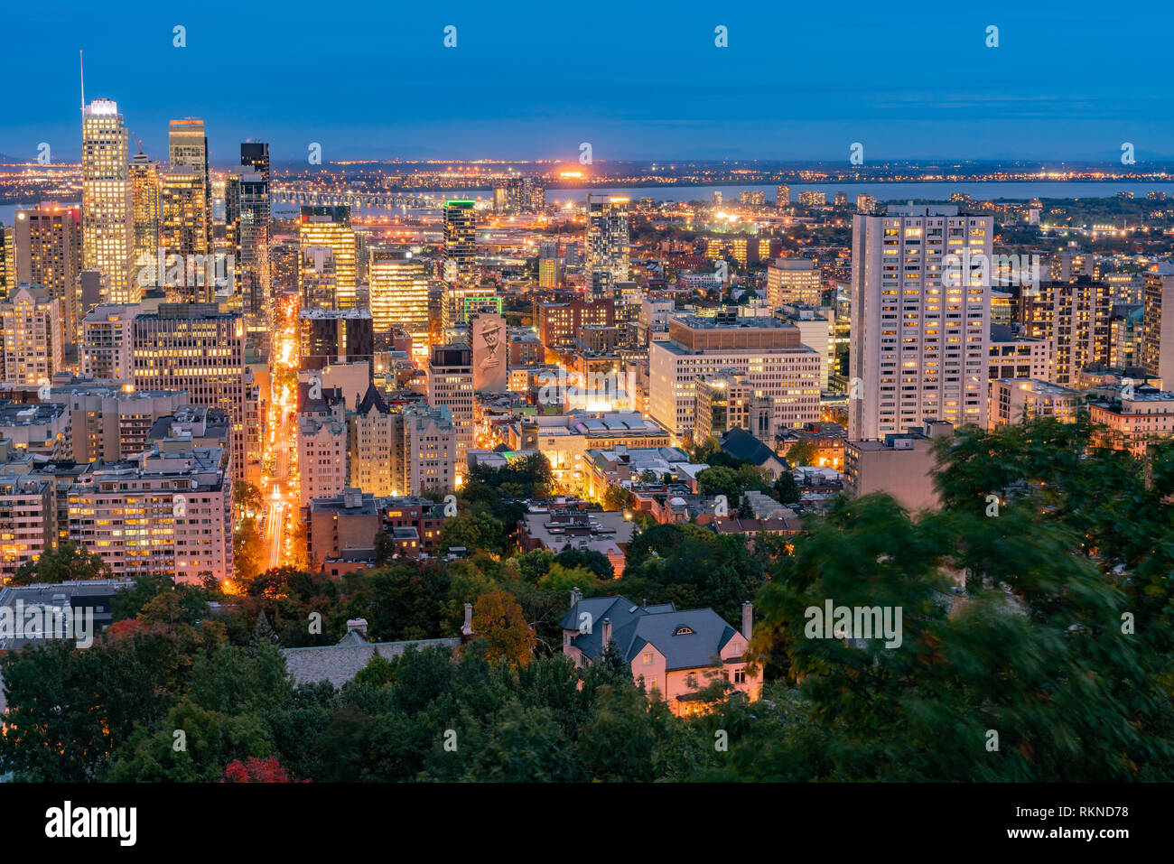 Aerial night view of Montreal downtown cityscape from Royal Mountain at ...