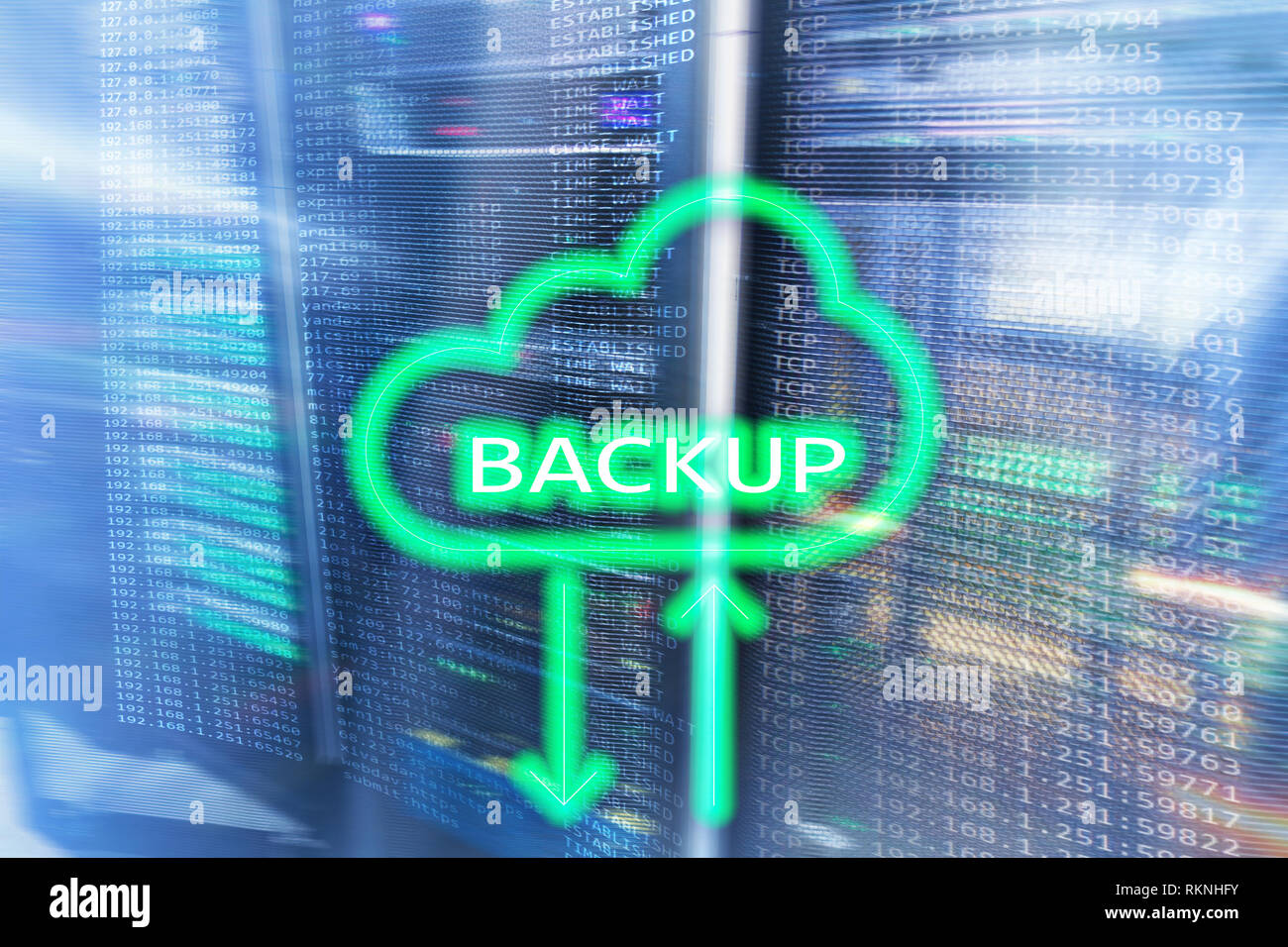 Backup button on modern server room background. Data loss prevention ...
