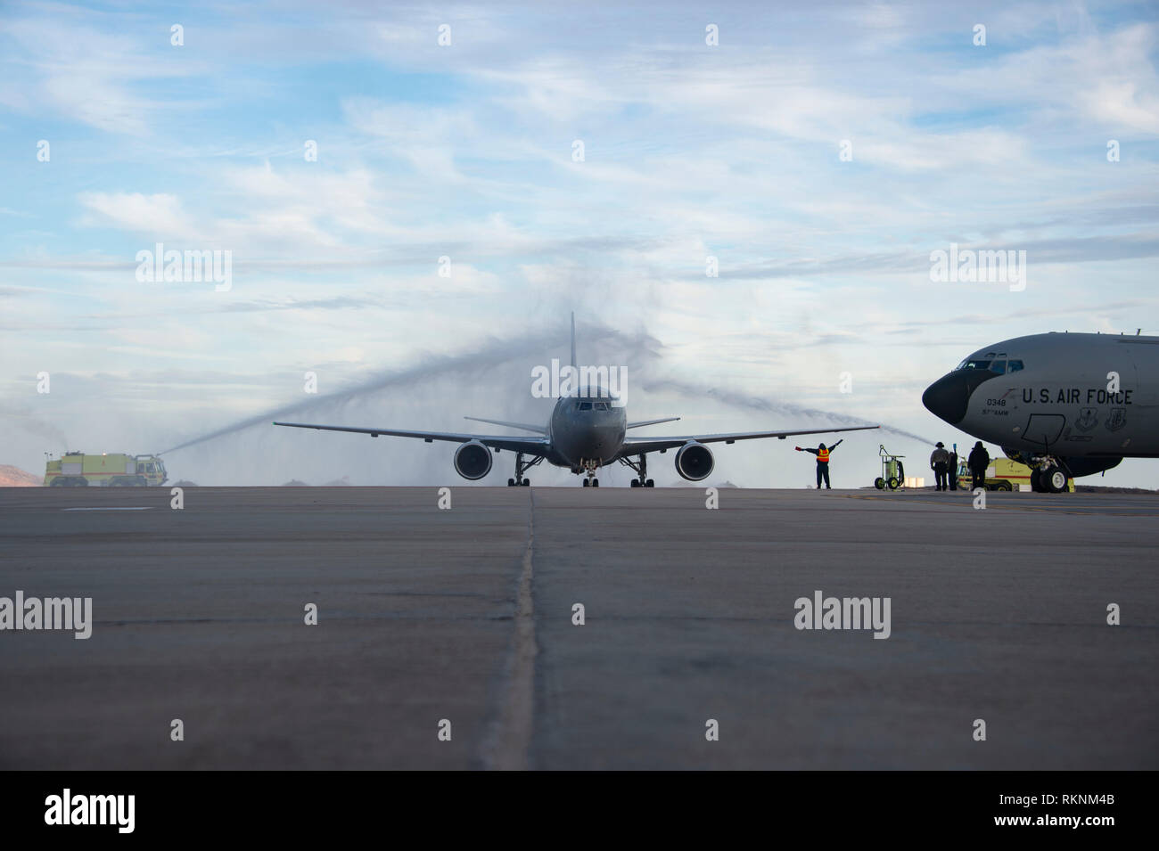97th Air Mobility Wing Firetrucks welcome the 97th AMW’s first KC-46 ...