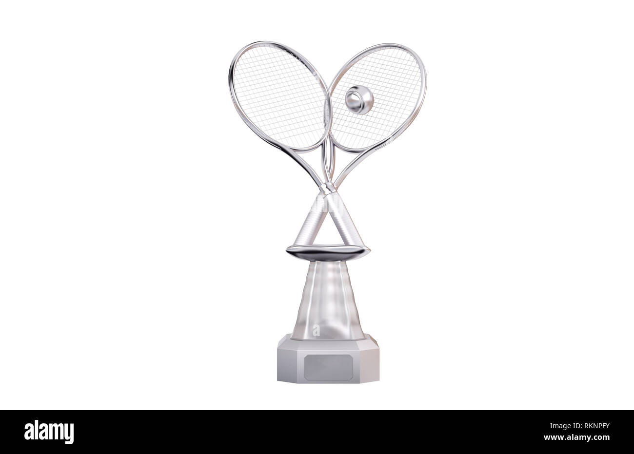 Front view of Tennis Silver Trophy with Racket and Ball on a white ...