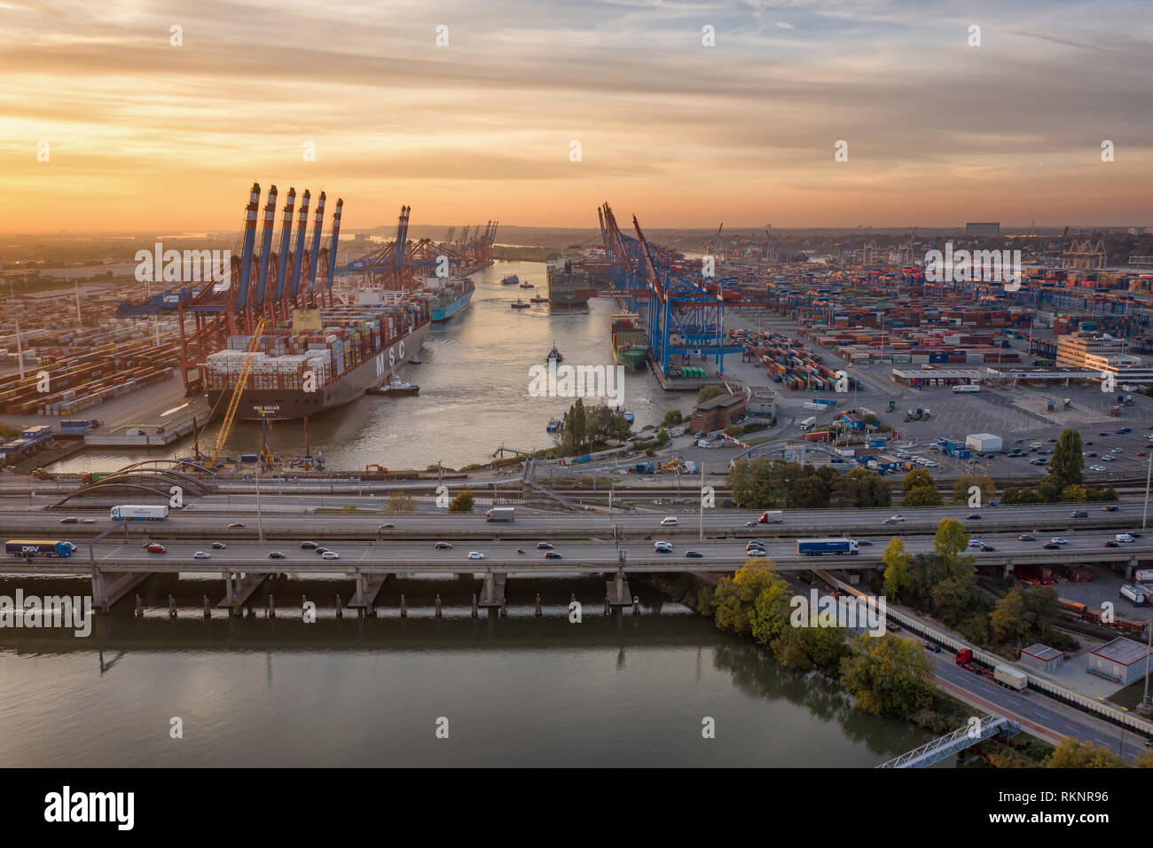 German Autobahn 7 (A7) is located right next to the Container port in ...