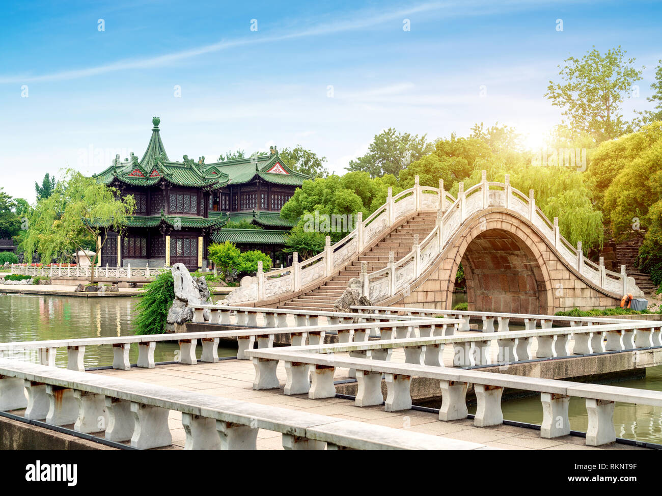 Chinese classical garden, Jiuqu Bridge and ancient architecture Stock ...