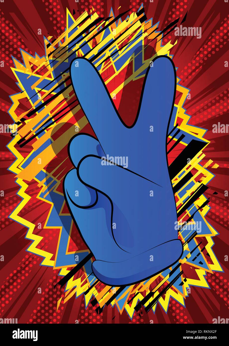 Vector cartoon hand showing the V sign. Illustrated hand sign on comic ...