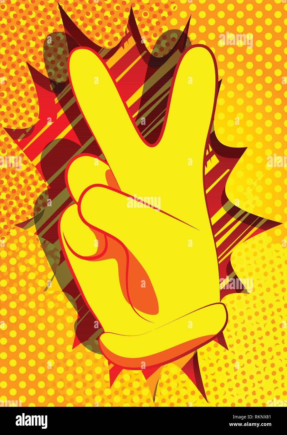 Vector cartoon hand showing the V sign. Illustrated hand sign on comic ...