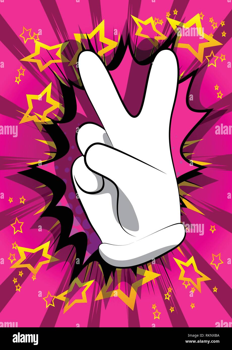 Vector cartoon hand showing the V sign. Illustrated hand sign on comic ...