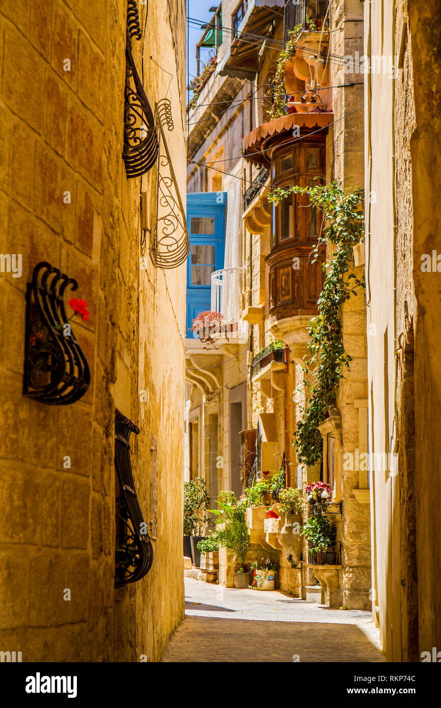 An alley with window box planters in Mdina, Malta on a sunny day Stock ...