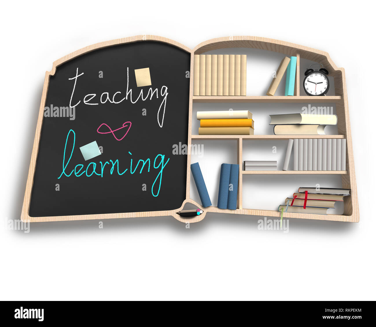 Bookshelf with blackboard in book shape isolated in white background ...
