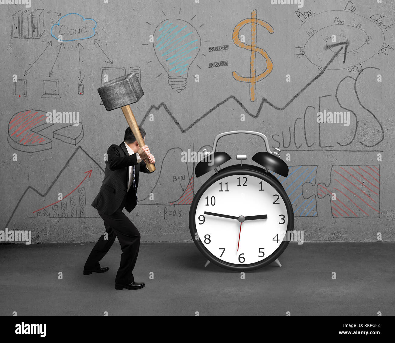 Businessman hitting clock with business doodles on concrete wall Stock ...