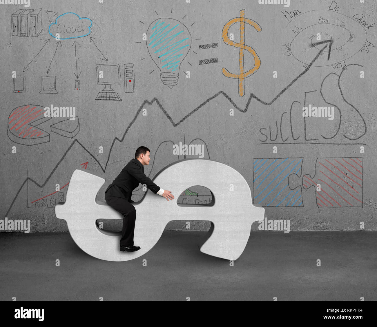 Sitting on 3d money concrete symbol with business doodles on wall Stock ...