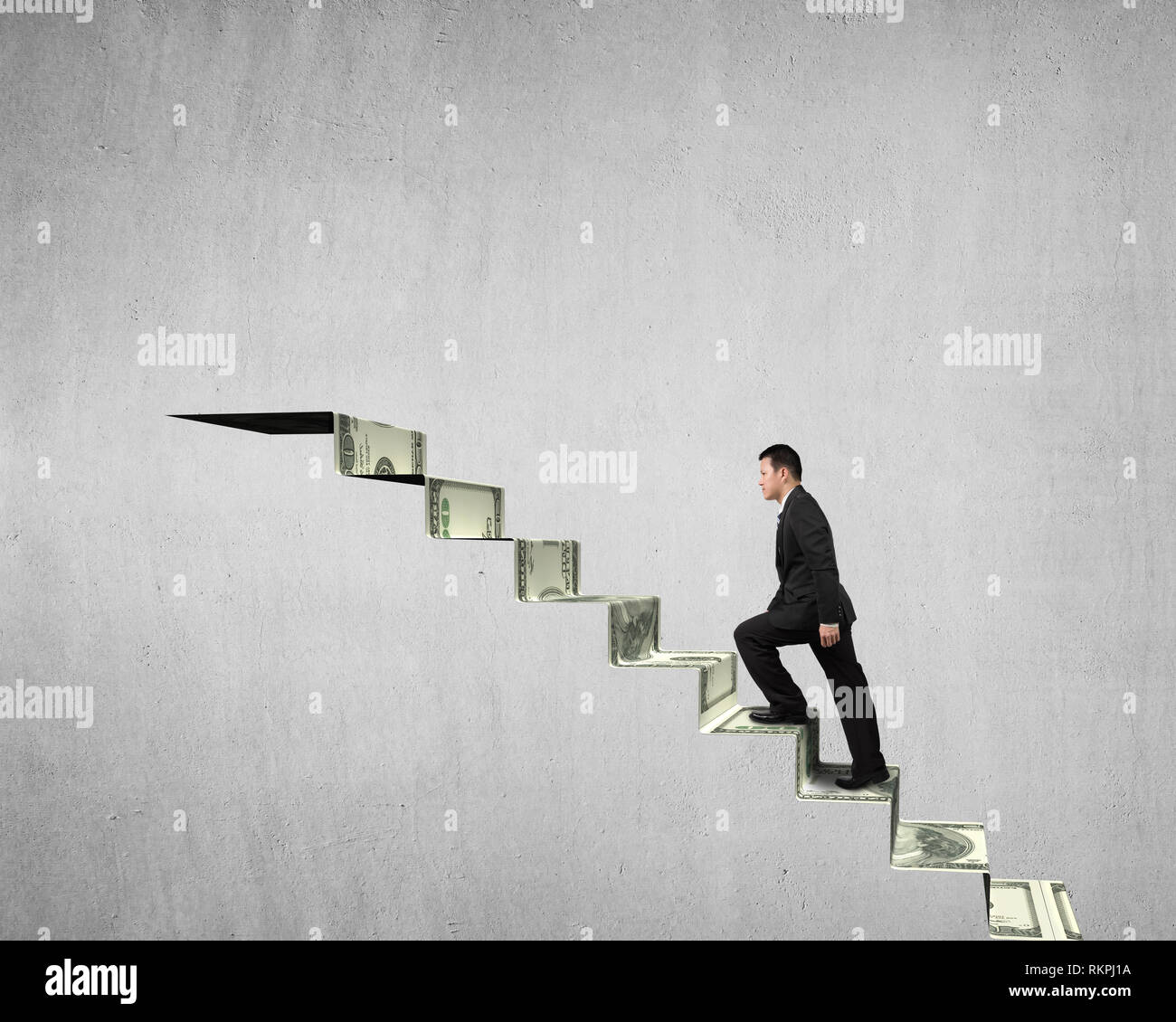 Walking on money stairs to top concrete wall background Stock Photo - Alamy