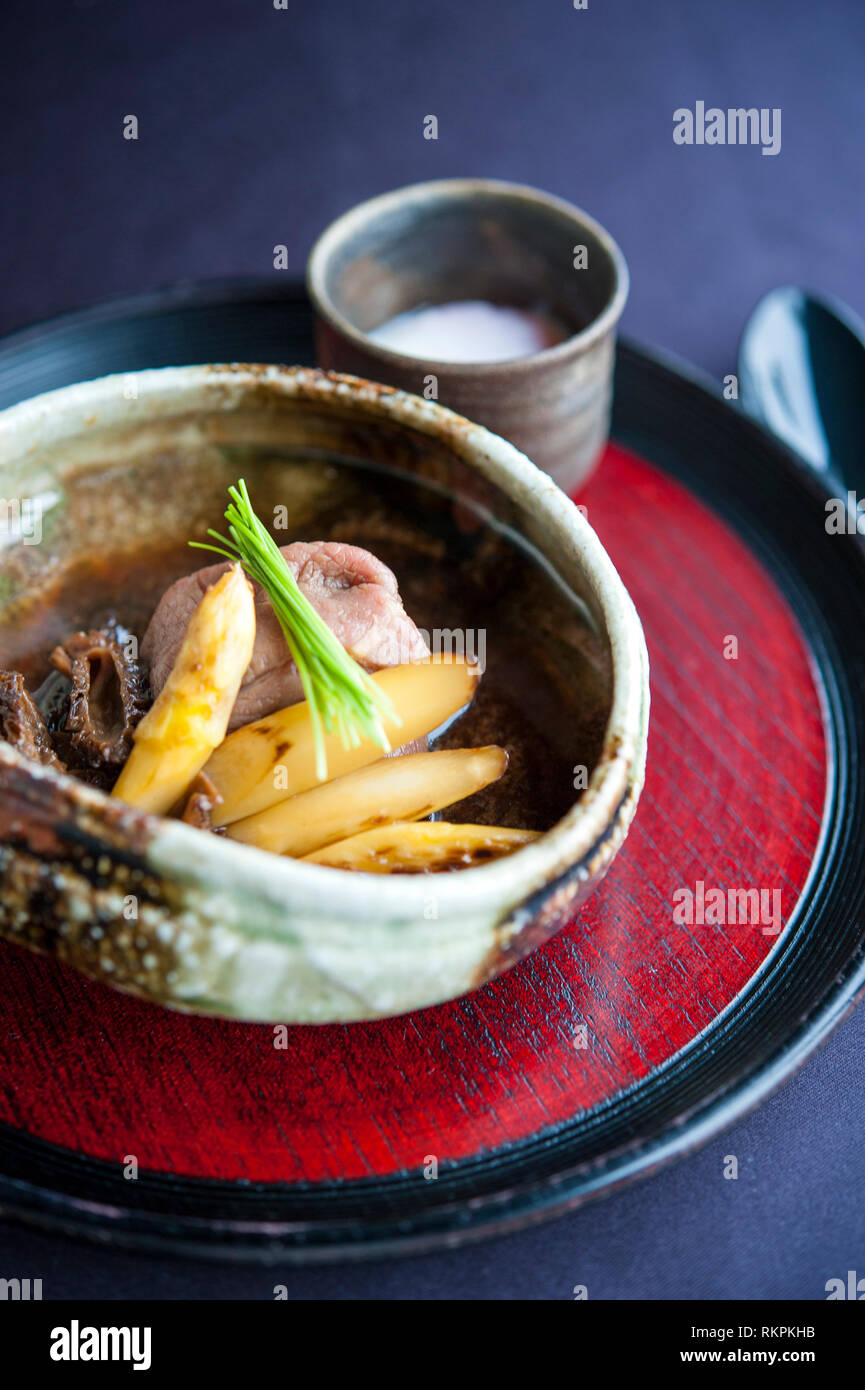 Kuroge wagyu beef with white asparagus and morel mushrooms at Tenku Ryu ...