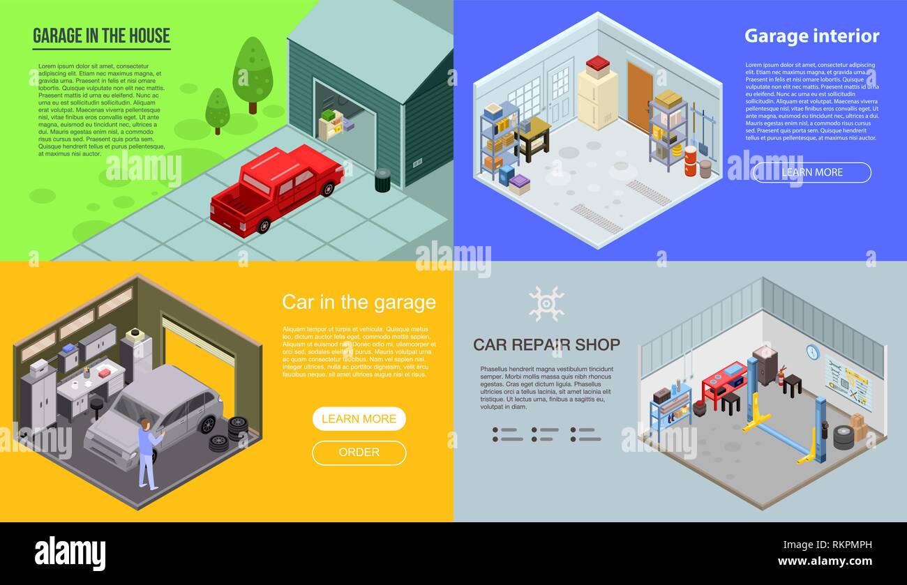 Garage interior banner set, isometric style Stock Vector Image & Art ...