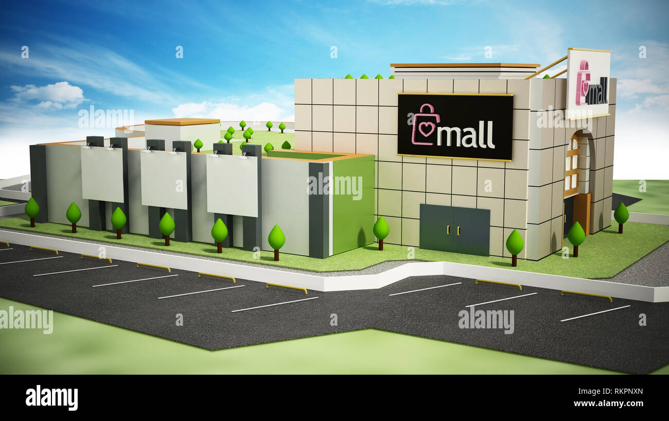 Generic shopping mall building against blue sky. 3D illustration Stock ...