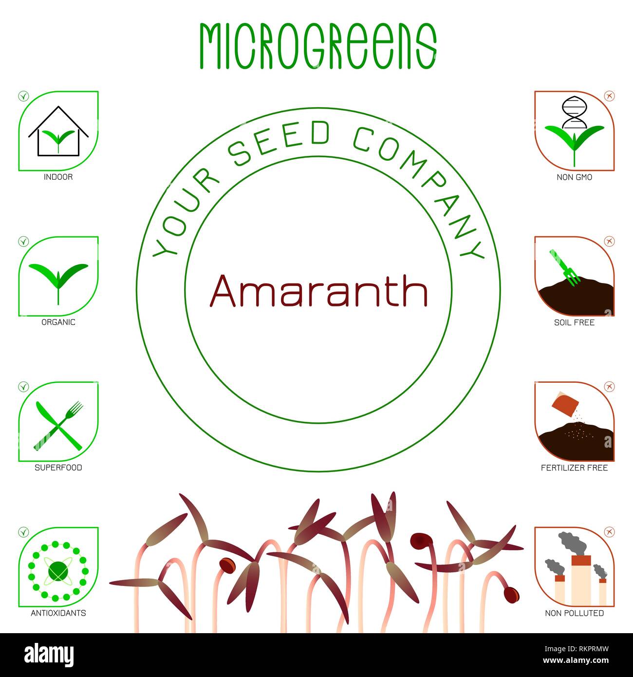 Microgreens Red Amaranth. Seed packaging design. Icons - indoor ...