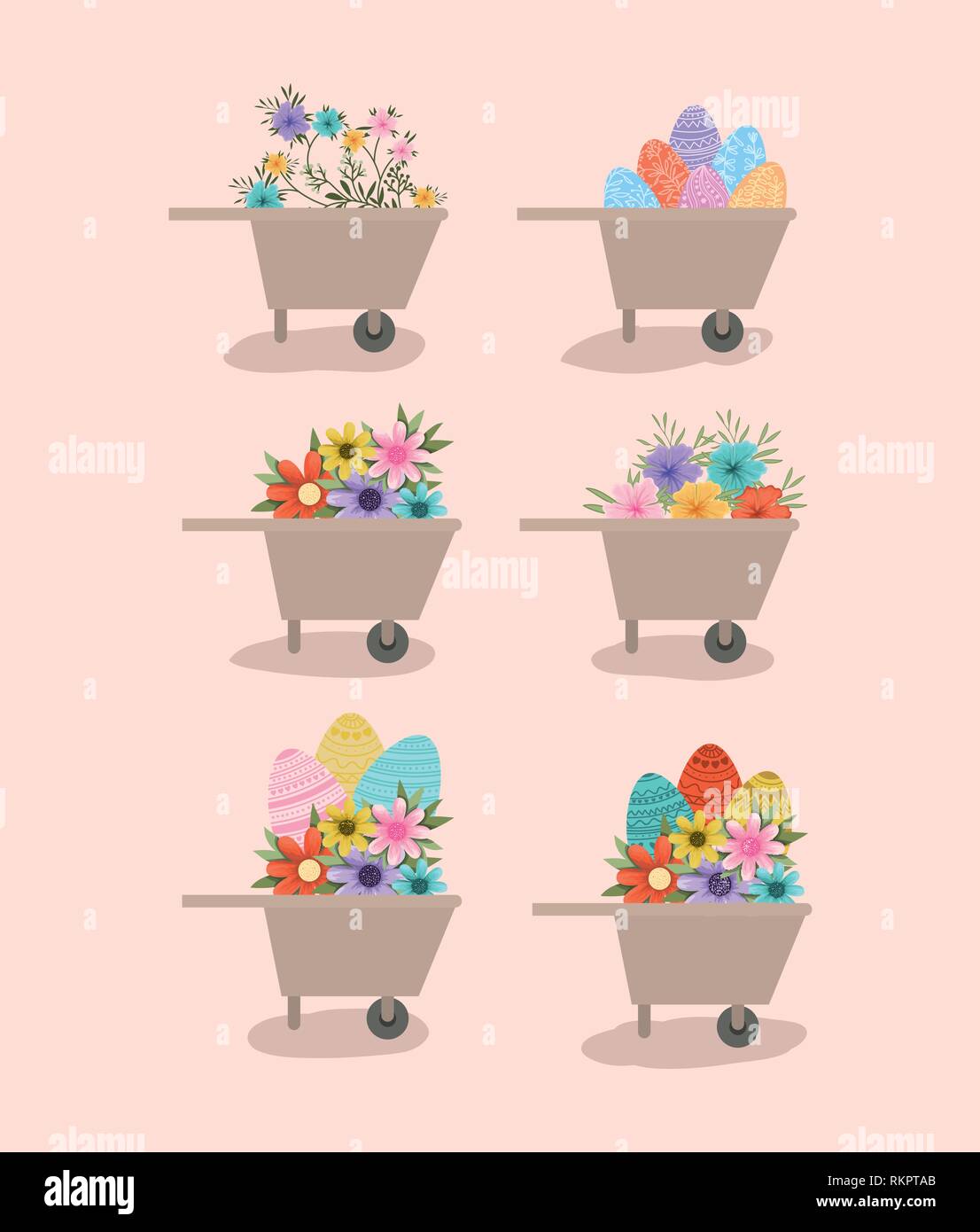 group of wheelbarrows with flowers and eggs painted Stock Vector Image ...