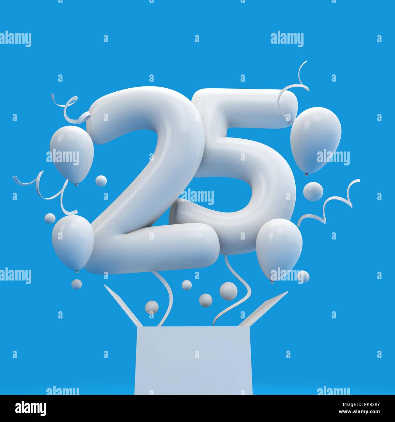 Happy 25th birthday surprise balloon and box. 3D Rendering Stock Photo ...