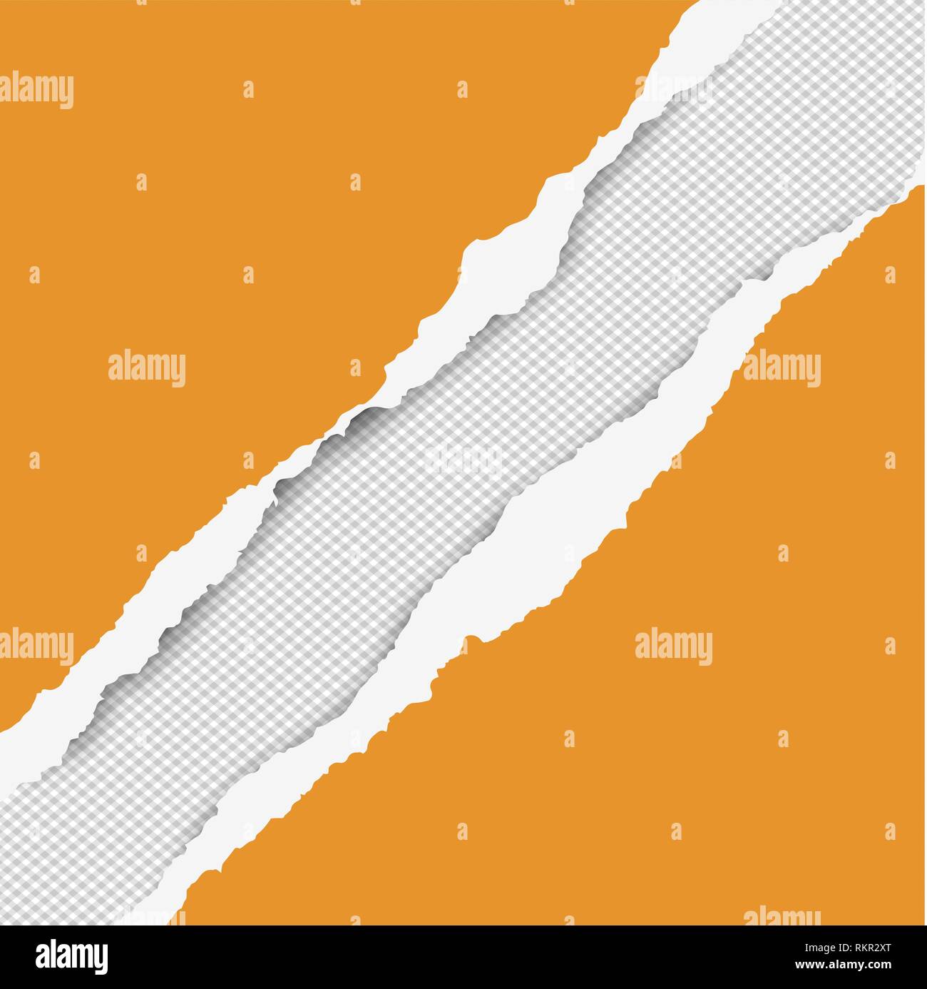 Diagonal torn orange paper strips for text or message are on white ...