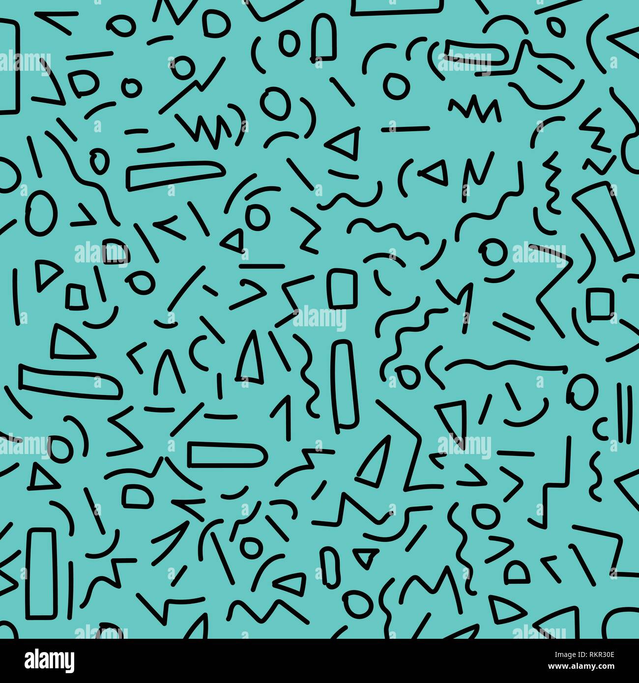 Hand draw black geometric memphis pattern 80's-90's styles on blue ...