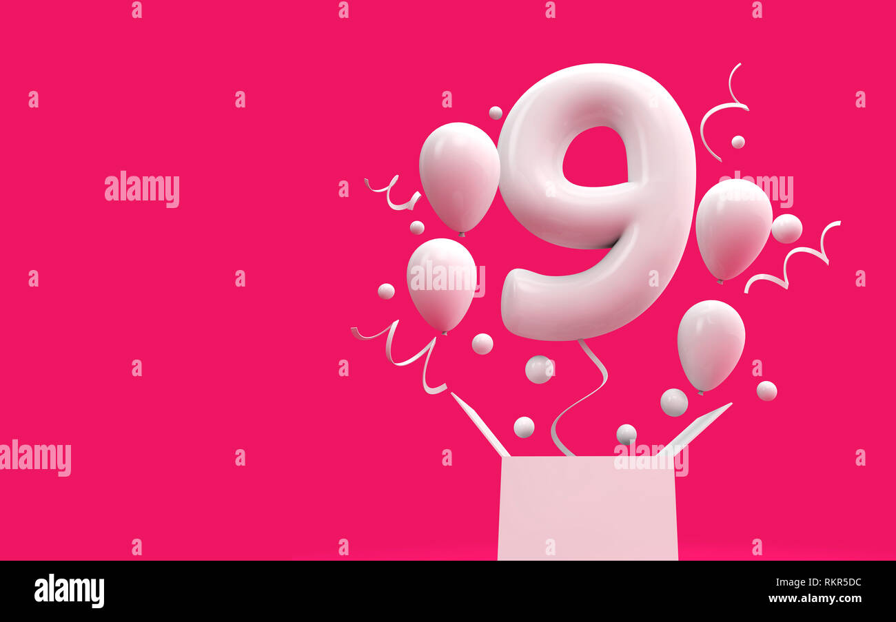 Happy 9th birthday surprise balloon and box. 3D Rendering Stock Photo ...