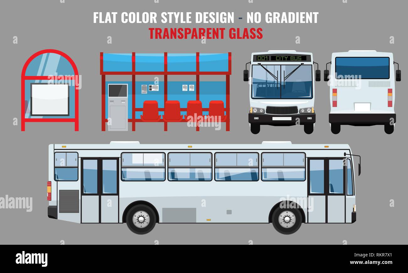 City Bus and Bus stop, side front and back view. Flat color style ...