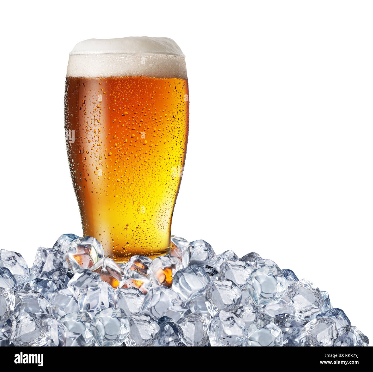 Chilled glass of light beer in ice cubes. File contains clipping path ...