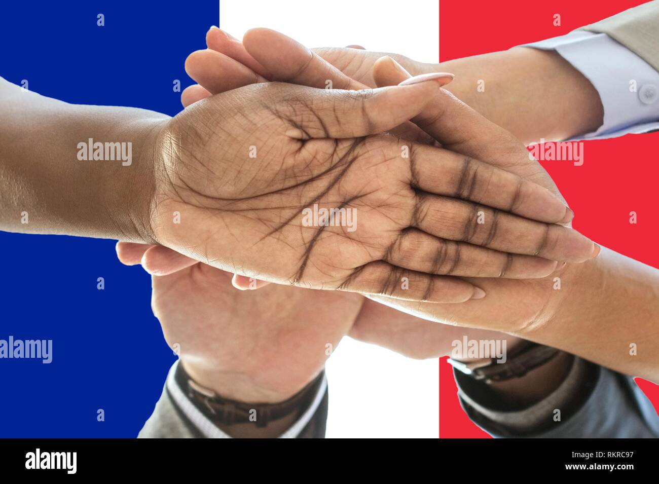 France flag, intergration of a multicultural group of young people ...