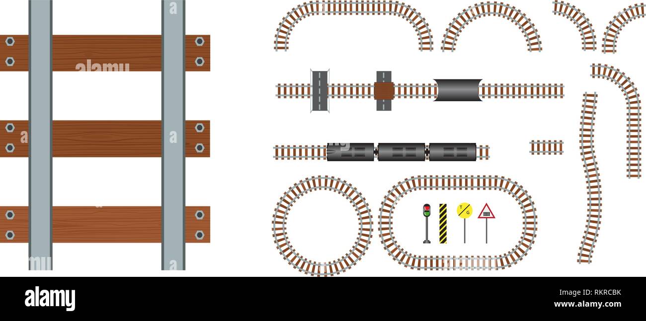 Vector railroad and railway tracks construction elements. Wavy trackway ...