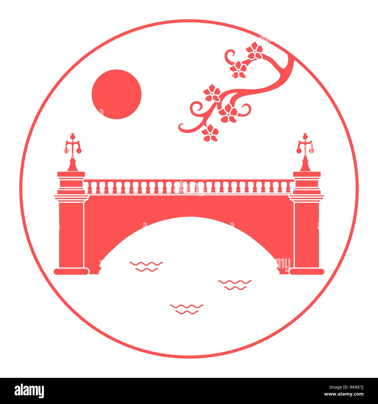 Vector illustration with sakura branch and old bridge. Japan ...
